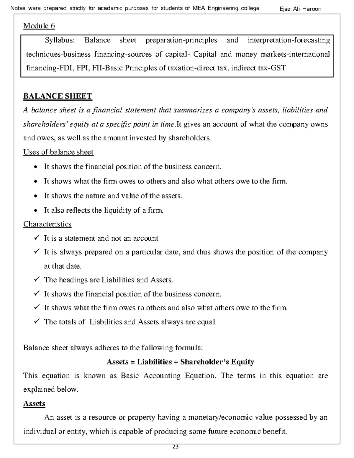 Economics Module 6 - Note - Module 6 Syllabus: Balance sheet ...