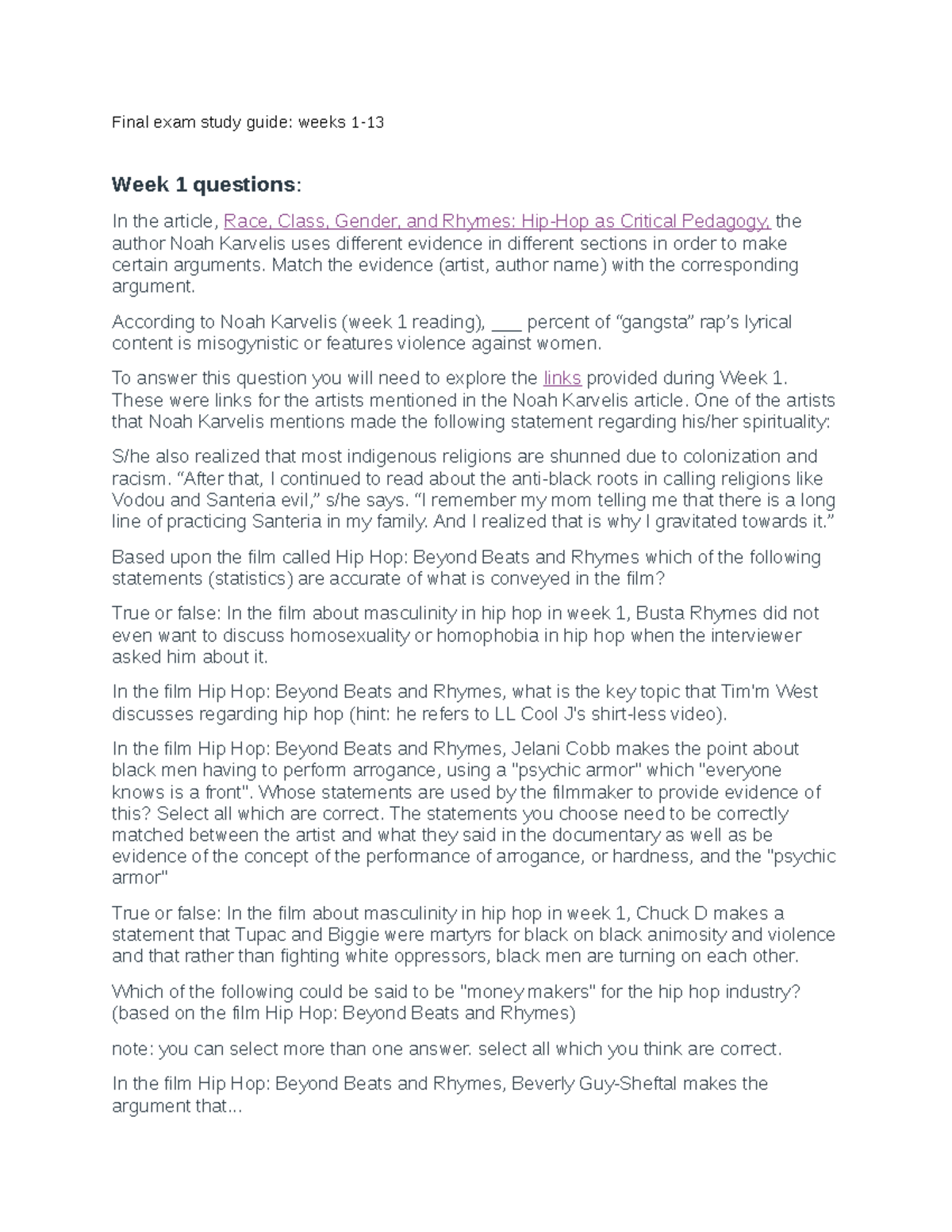 Final exam study guide weeks 1 13.docx - Final exam study guide: weeks ...