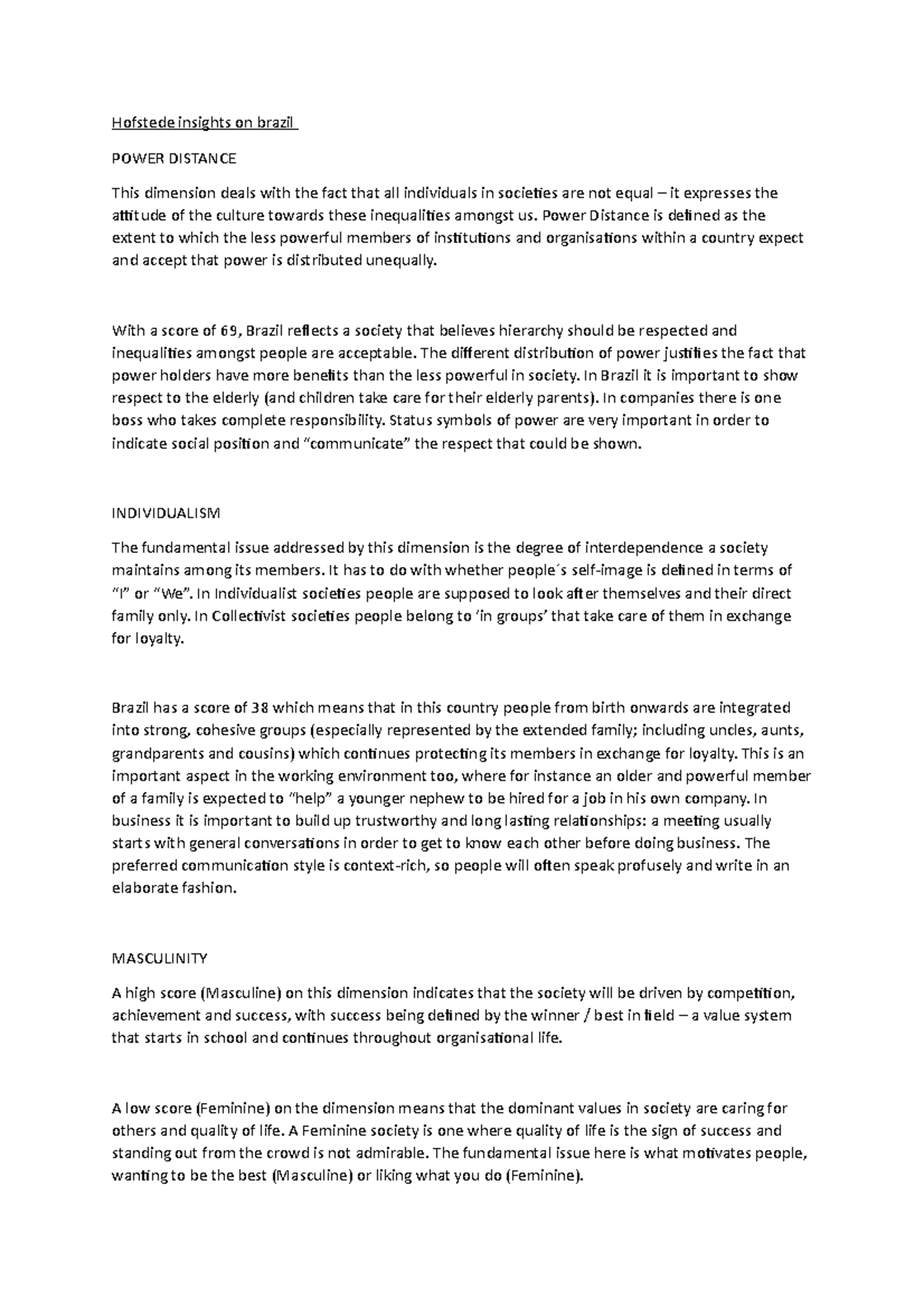 Hofstede insights on brazil - Hofstede insights on brazil POWER ...