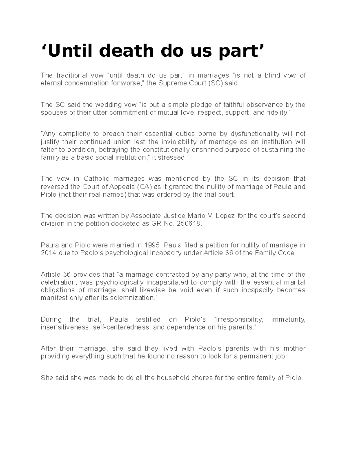 Until death do us part - marriage - ‘Until death do us part’ The traditional vow “until death do ...