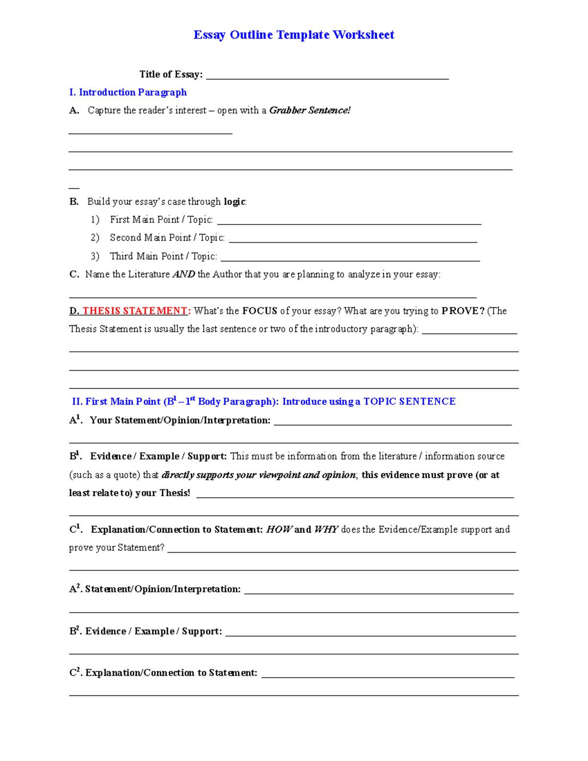 ENG 101-098 Essay Outline Worksheet - Essay Outline Template Worksheet ...