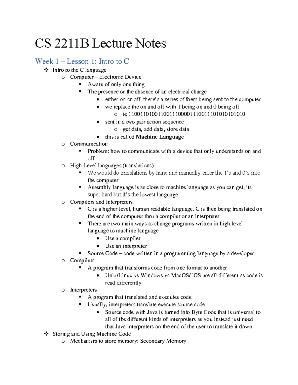 Cs 2211 Lecture Notes Cs 2211b Lecture Notes Week 1 Lesson 1 Intro To C Intro To The C