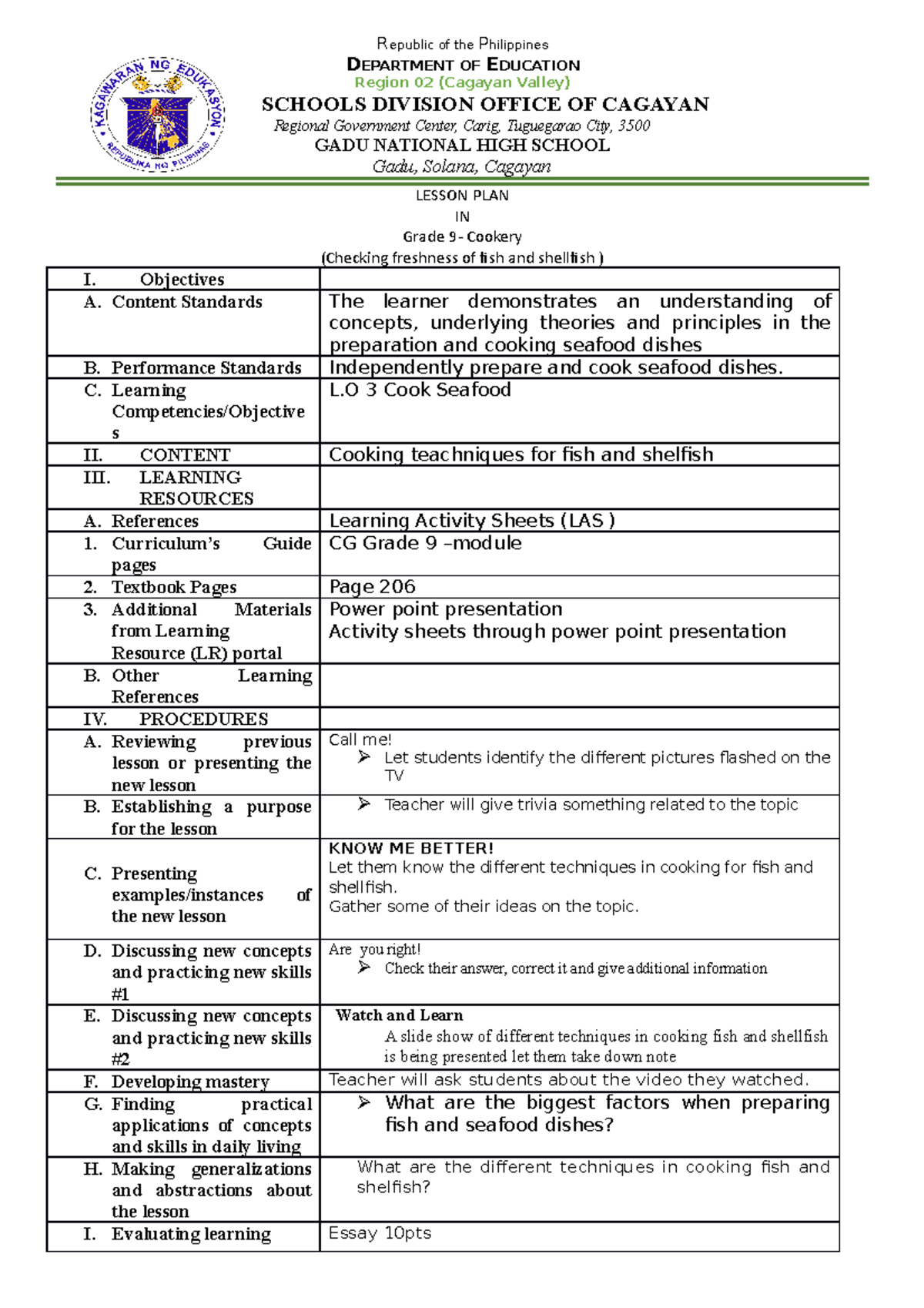 Cookery 10 l3 cook seafood - Republic of the Philippines DEPARTMENT OF ...