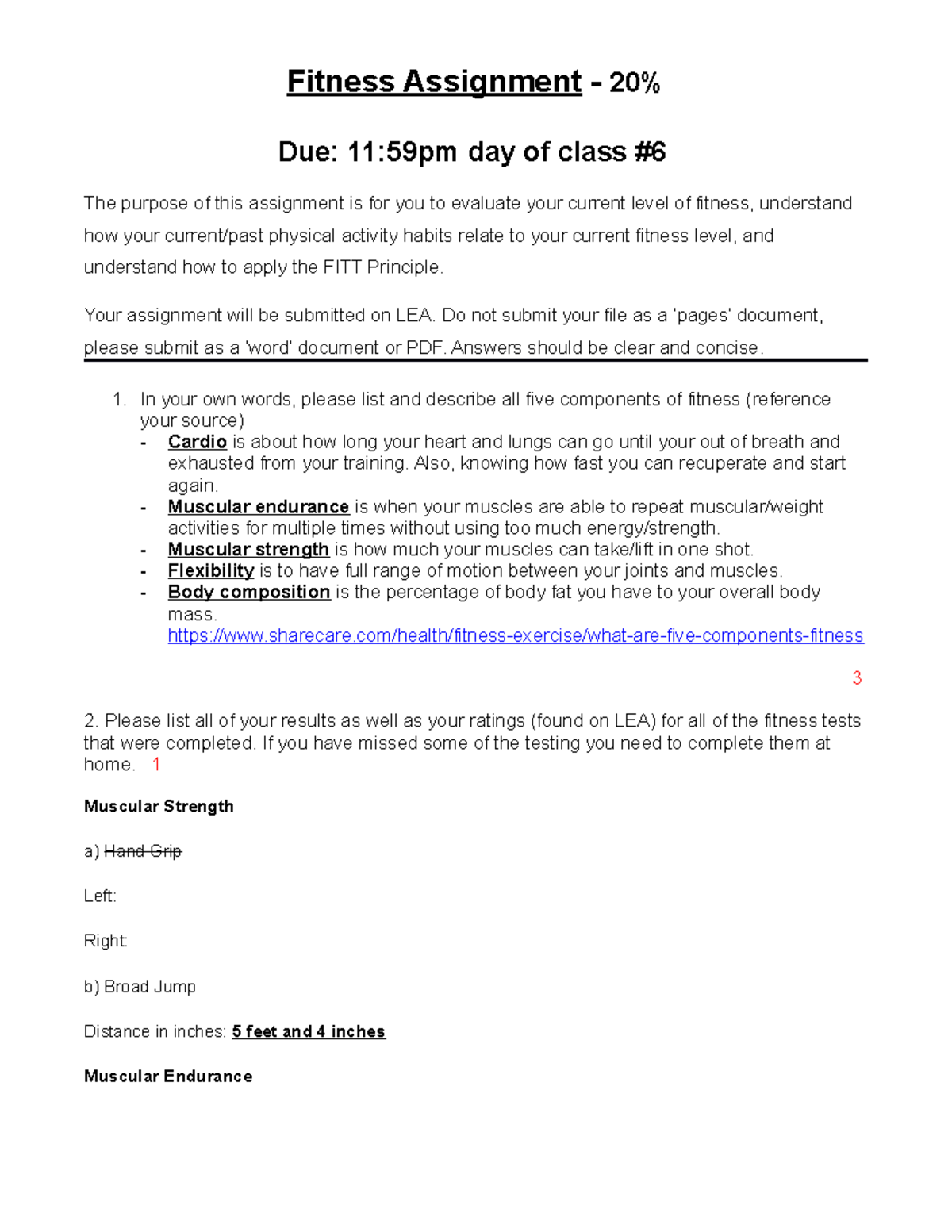 Fitness Assignment 1 - Your assignment will be submitted on LEA. Do not ...