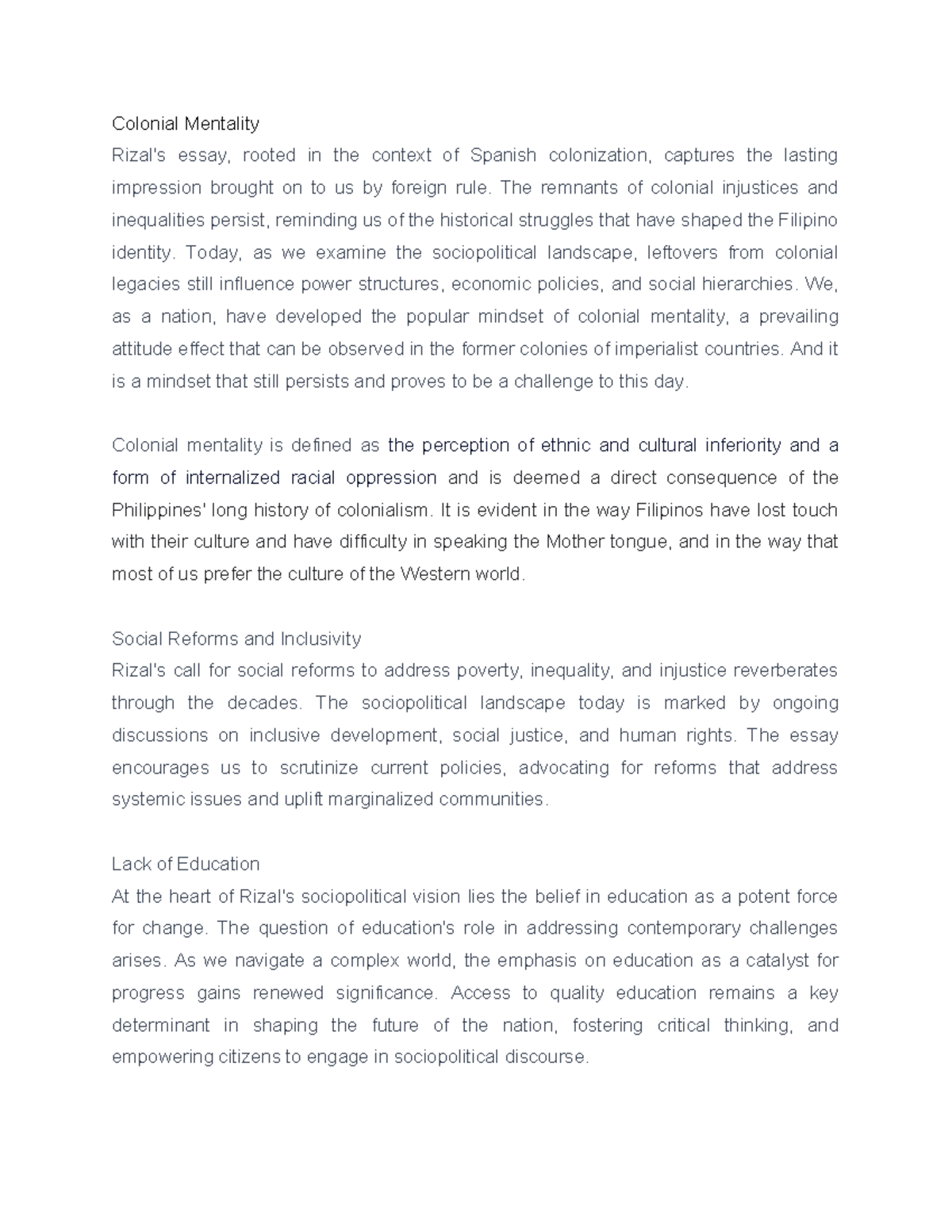 The Philippines A Century Hence - Colonial Mentality Rizal's essay ...