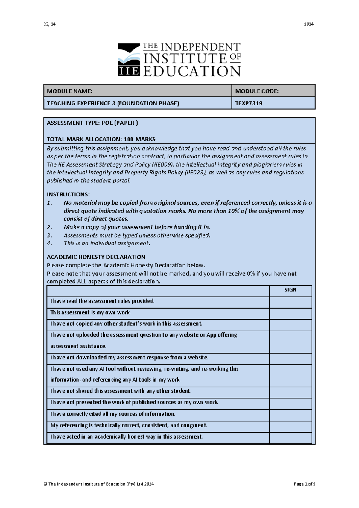 TEXP7319 POE - The Portfolio of Evidence (PoE) is a collection of all ...
