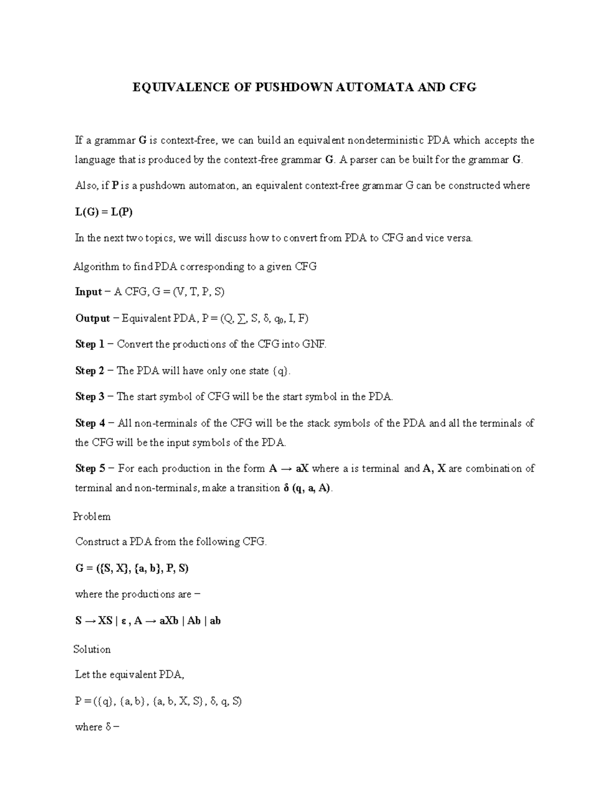 PDA to CFG - procedure to write pda eqivelent DFA - EQUIVALENCE OF ...