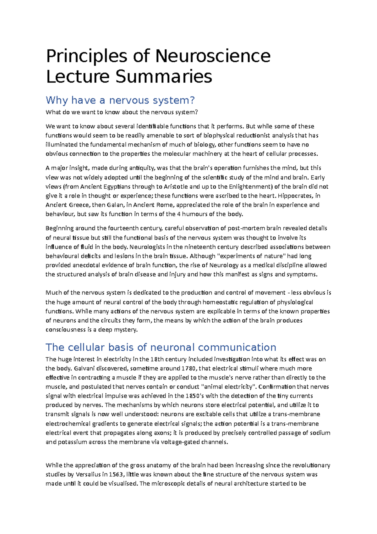 Principles Of Neuroscience Lecture Summaries Principles Of Neuroscience Lecture Summaries Why