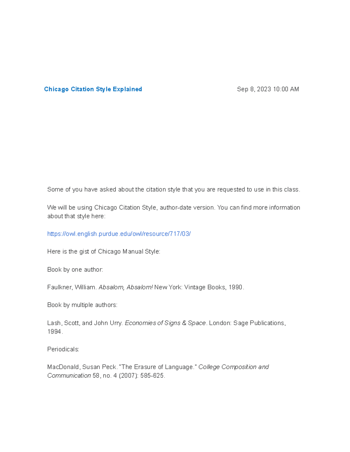 AN100 Week 1 Quiz Notes - Chicago Citation Style Explained Sep 8, 2023 ...