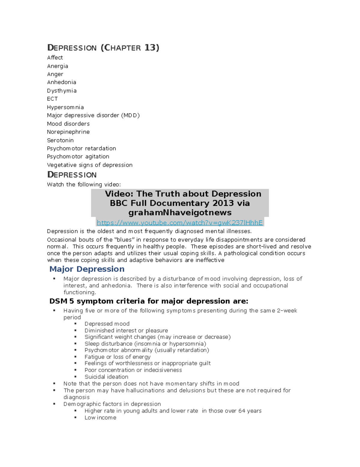 Depression CH 13 - review - DEPRESSION (CHAPTER 13) Affect Anergia ...