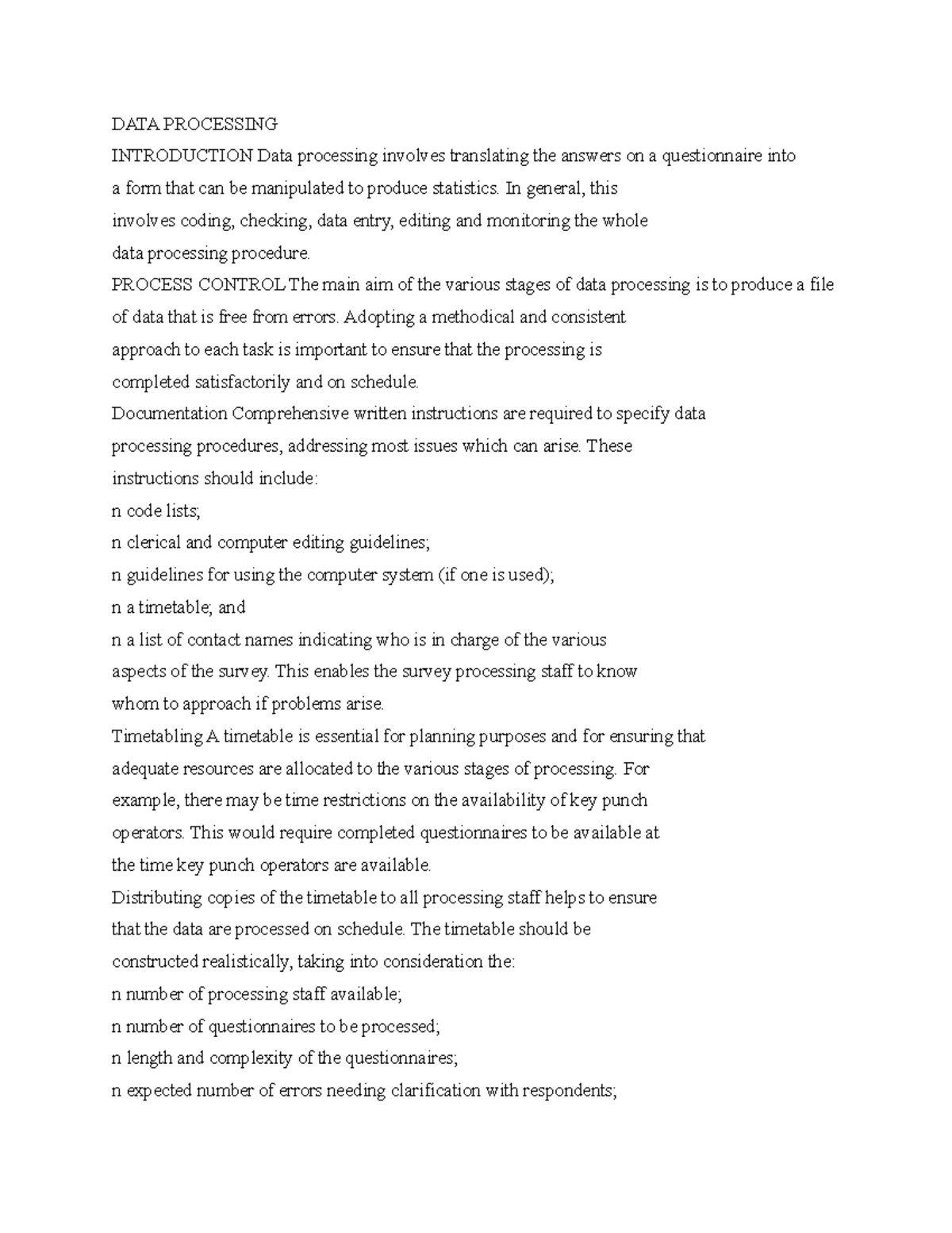 Data Processing Sample Survey Notes Data Processing Introduction Data Processing Involves