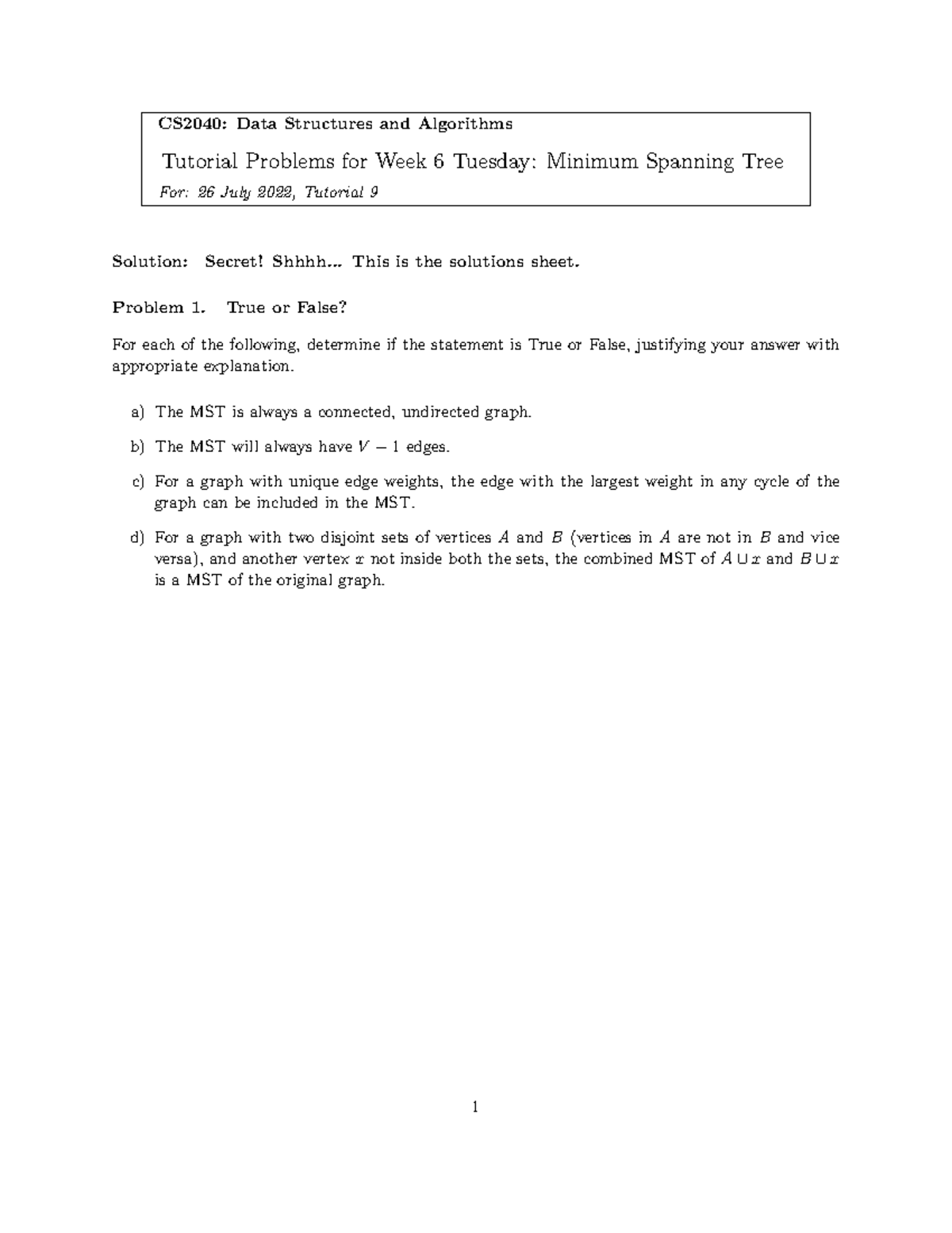CS2040 Tutorial 9 Ans - klnln - CS2040: Data Structures and Algorithms ... CS2040 Tutorial 9 Ans - klnln - CS2040: Data Structures and Algorithms ...