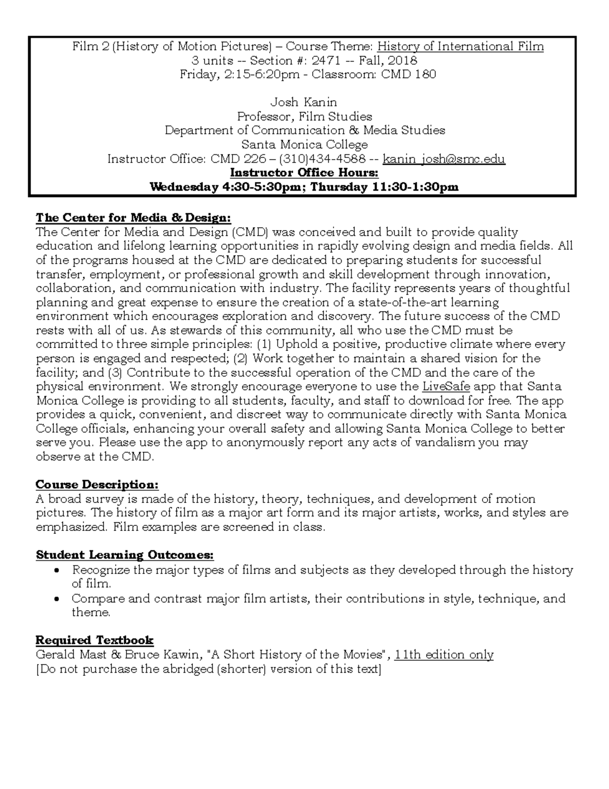 Film 2 Fall 18 Syllabus - Film 2 (History of Motion Pictures) – Course ...