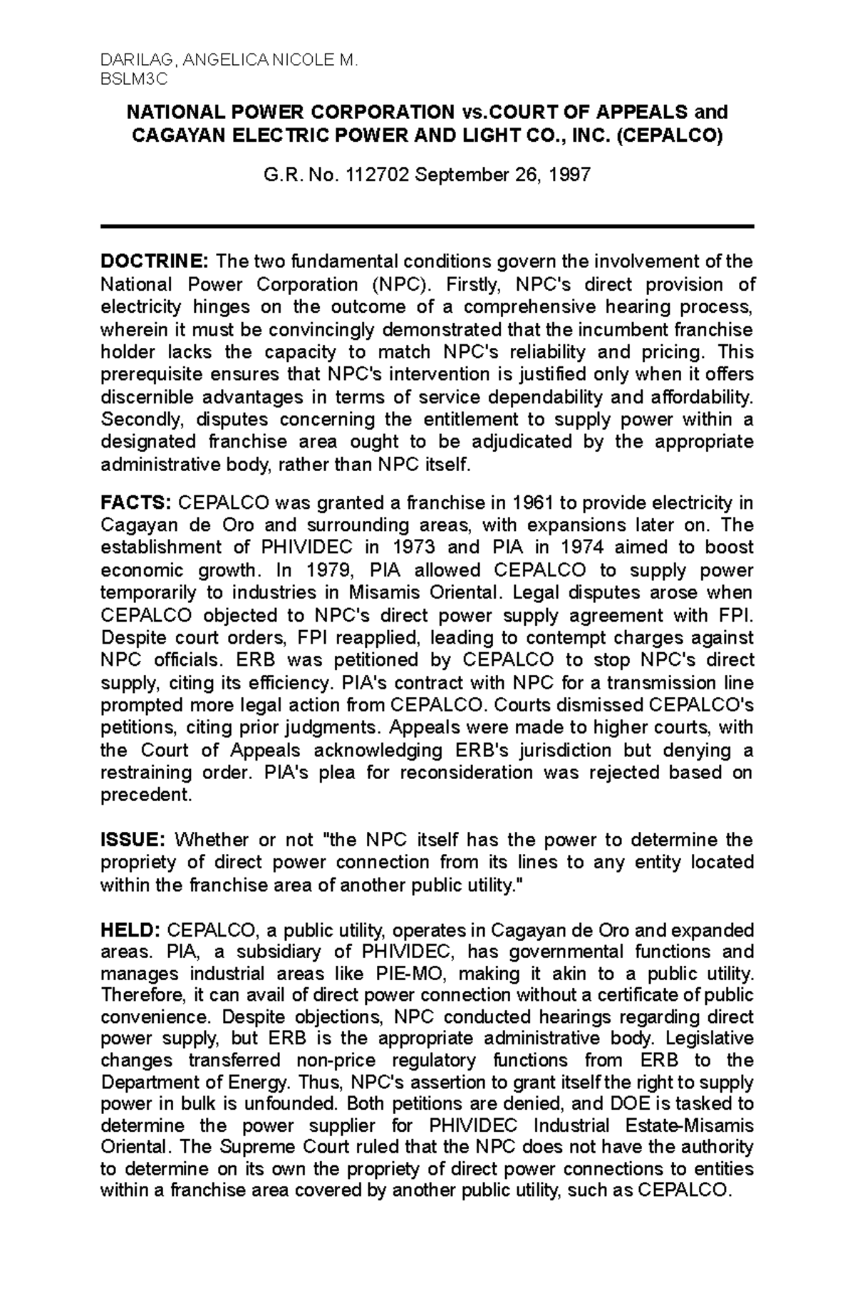 LPU CASE Digest - BSLM3C NATIONAL POWER CORPORATION vs OF APPEALS and ...