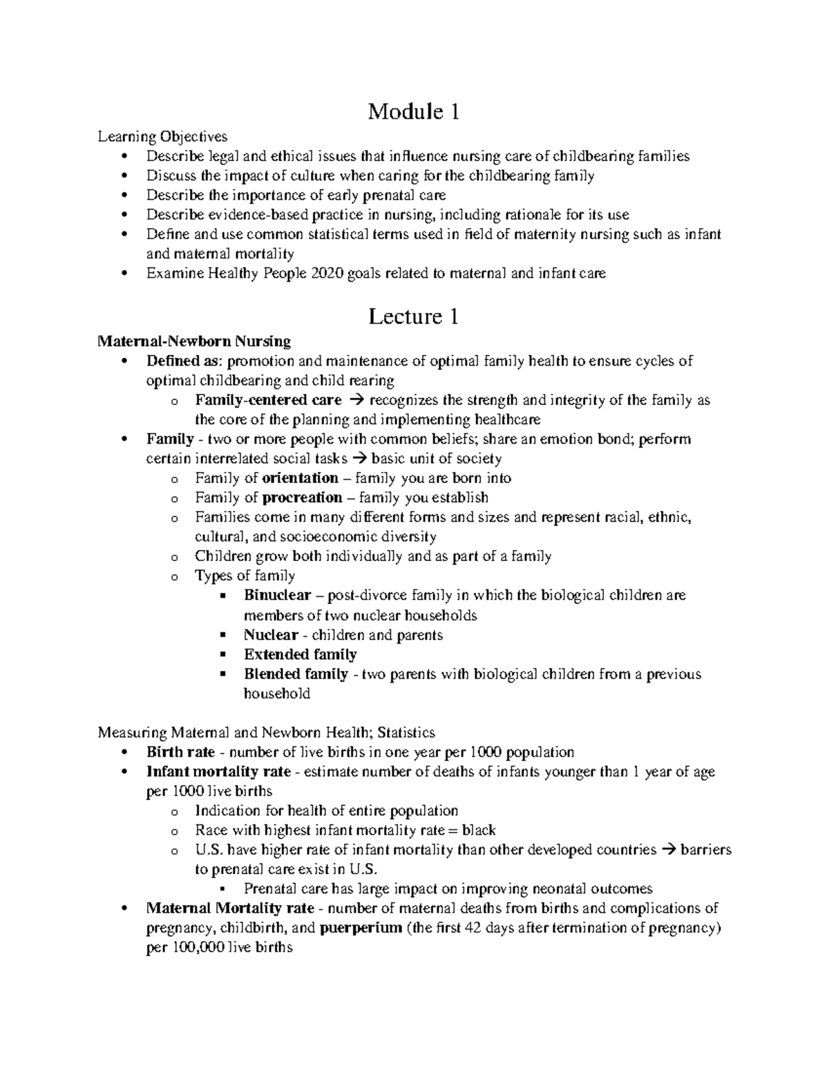 Maternity Exam 1 - Module 1 Learning Objectives Describe legal and ethical issues that influence ...