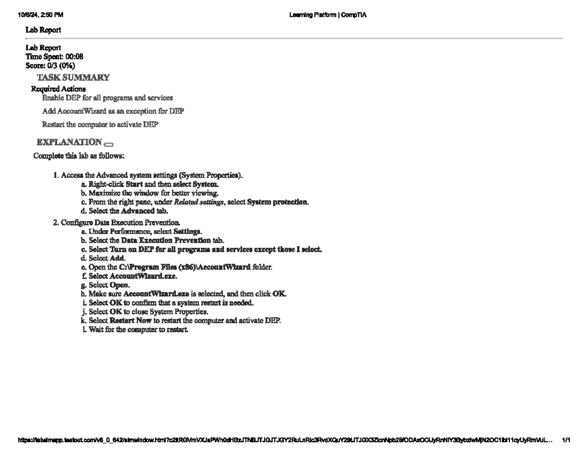 8.9.10 Implement Data Execution Preventions - 2:50 PM Learning Platform I CompTIA Lab Report Lab ...
