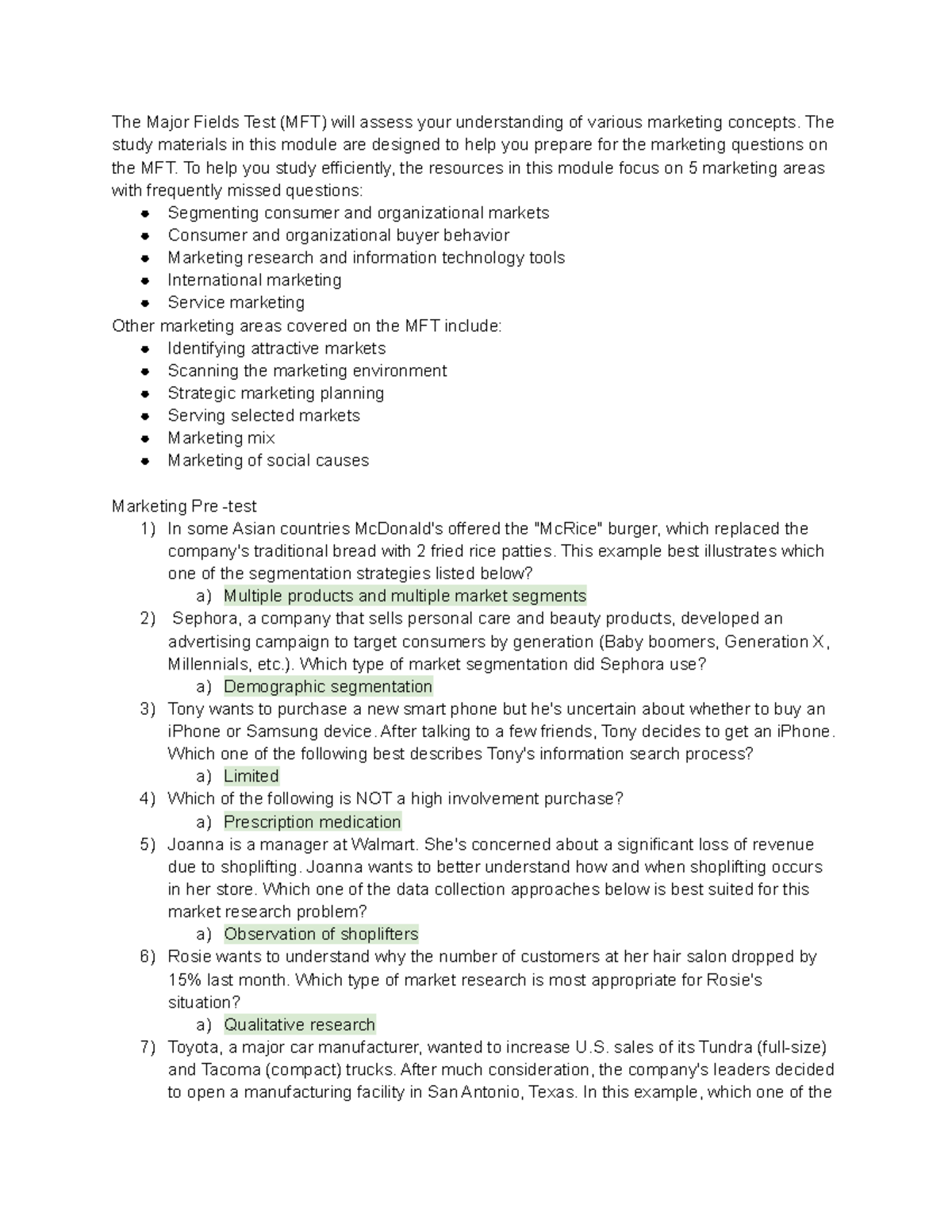 Marketing (BBA) - Homework and quiz - The Major Fields Test (MFT) will ...