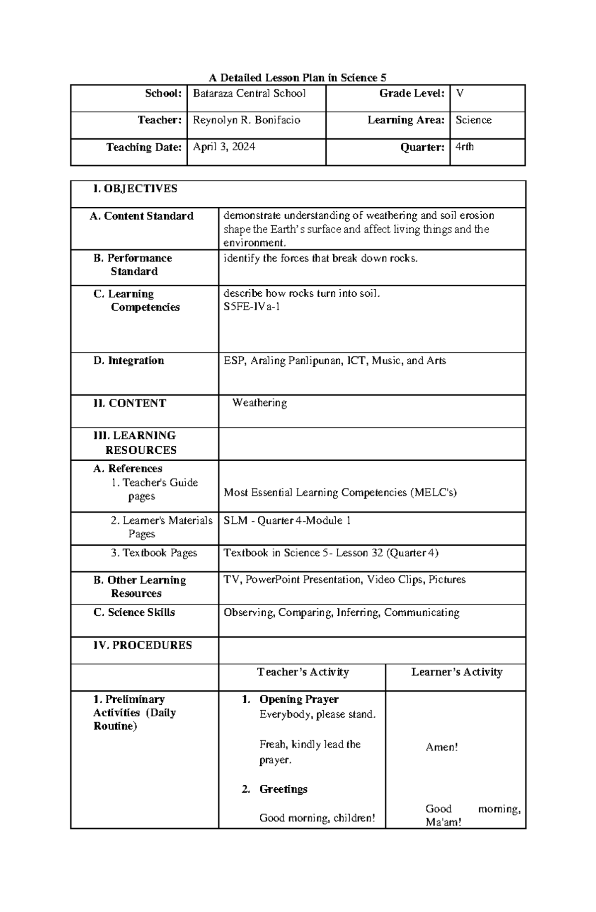 Science dlp - A Detailed Lesson Plan in Science 5 School: Bataraza ...