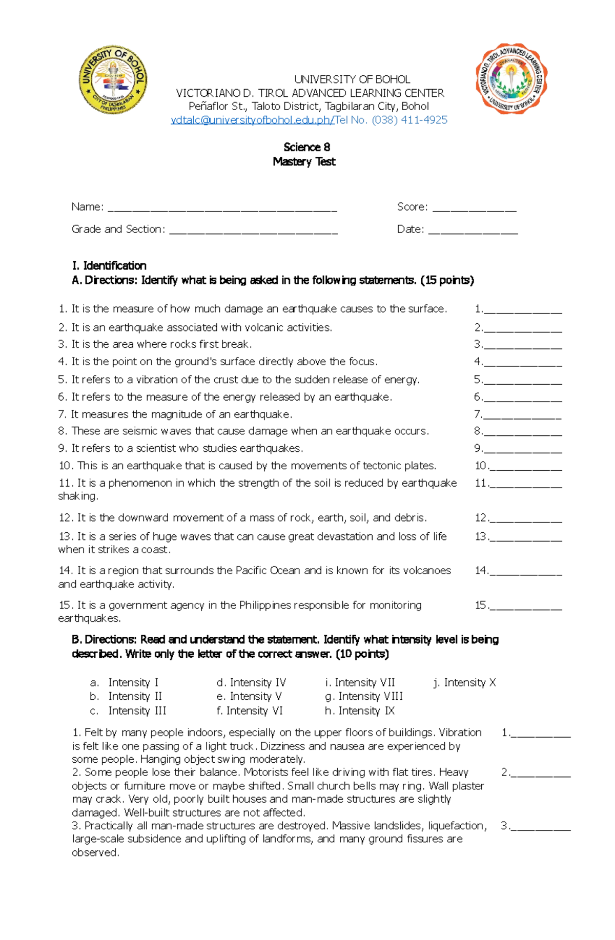 8-Mastery Test Earthquake - UNIVERSITY OF BOHOL VICTORIANO D. TIROL ...