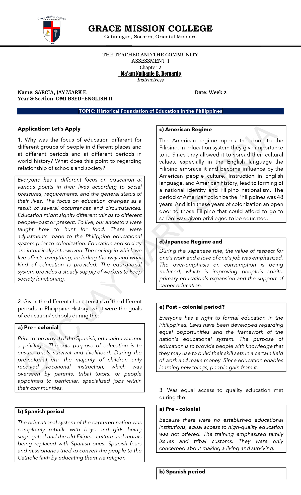 CH2 The Teacher and the Community - GRACE MISSION COLLEGE Catiningan ...