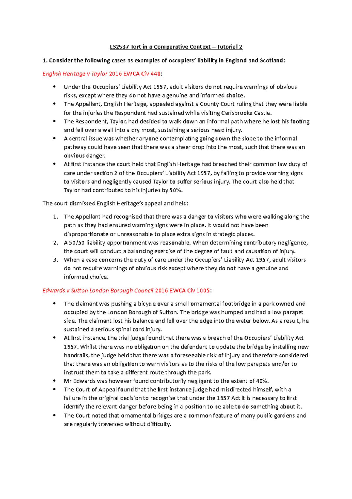 LS2537 Tort - Tutorial 2 - LS2537 Tort in a Comparative Context – Tutorial 2 1. Consider the ...