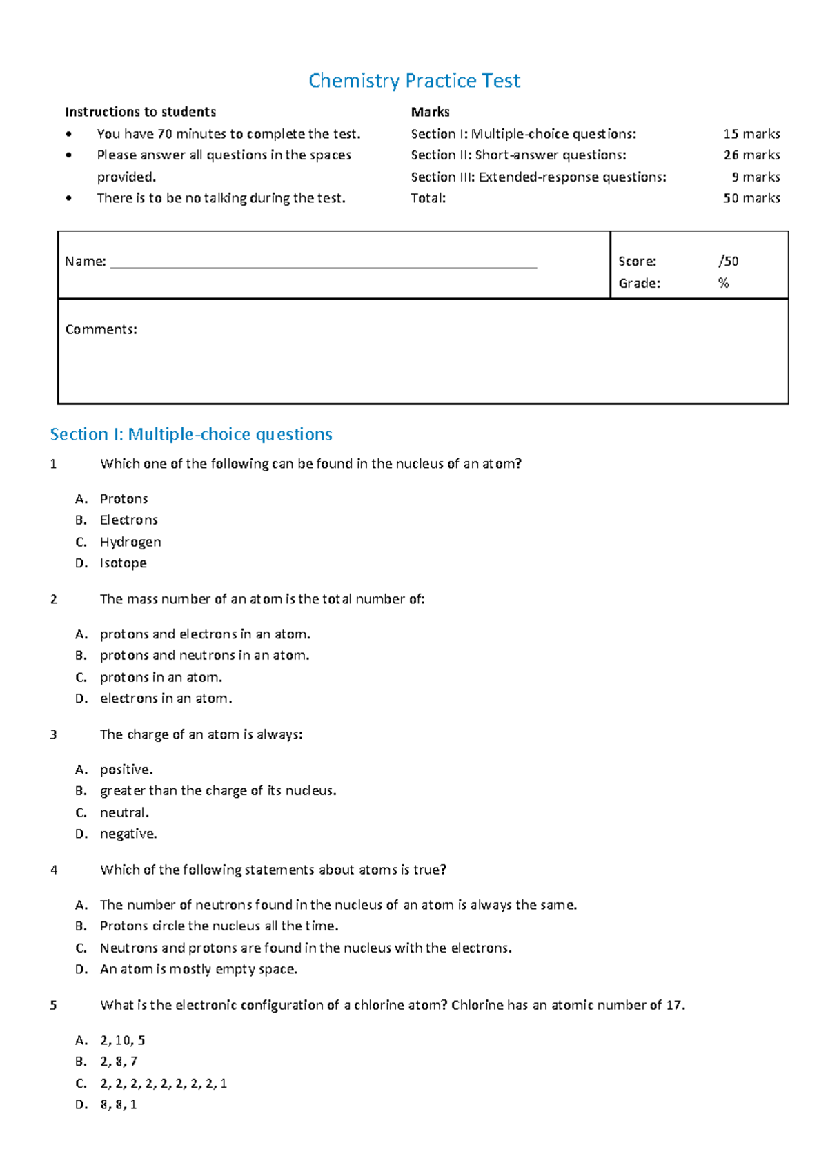 Chemistry Practice Test - Chemistry Practice Test Instructions to ...
