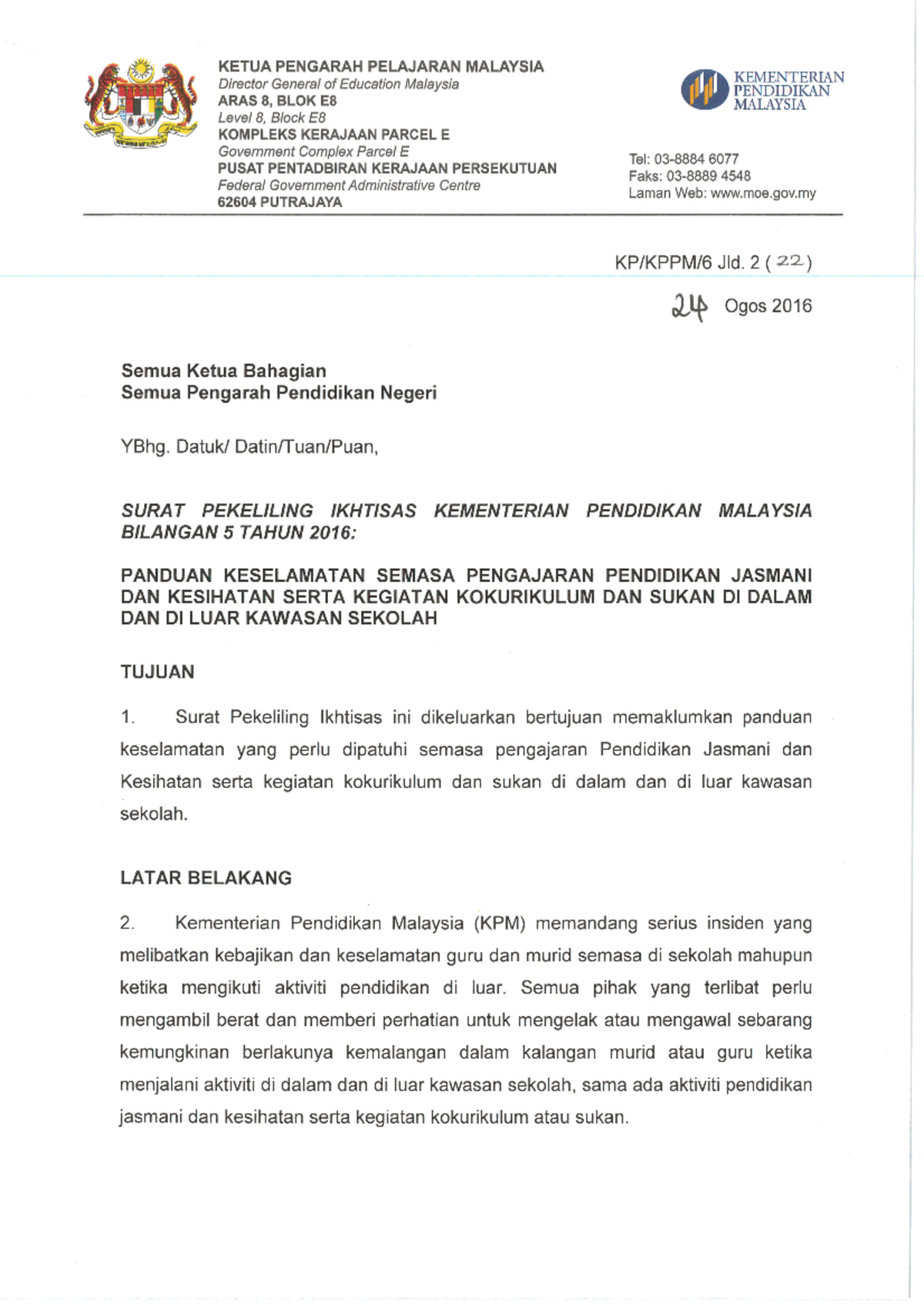 Surat Pekeliling Ikhtisas Bilangan 5 Tahun 2016 Panduan Keselamatan ...