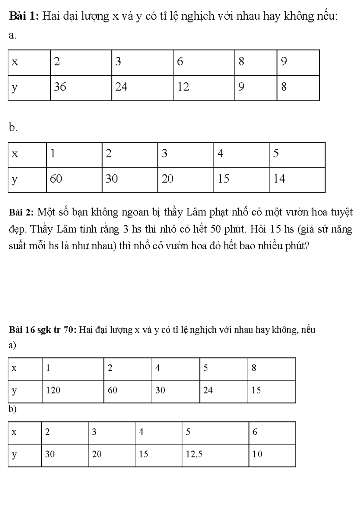 Bài 1 - sdvsdvsd - Bài 1: Hai đại lượng x và y có tỉ lệ nghịch với nhau ...