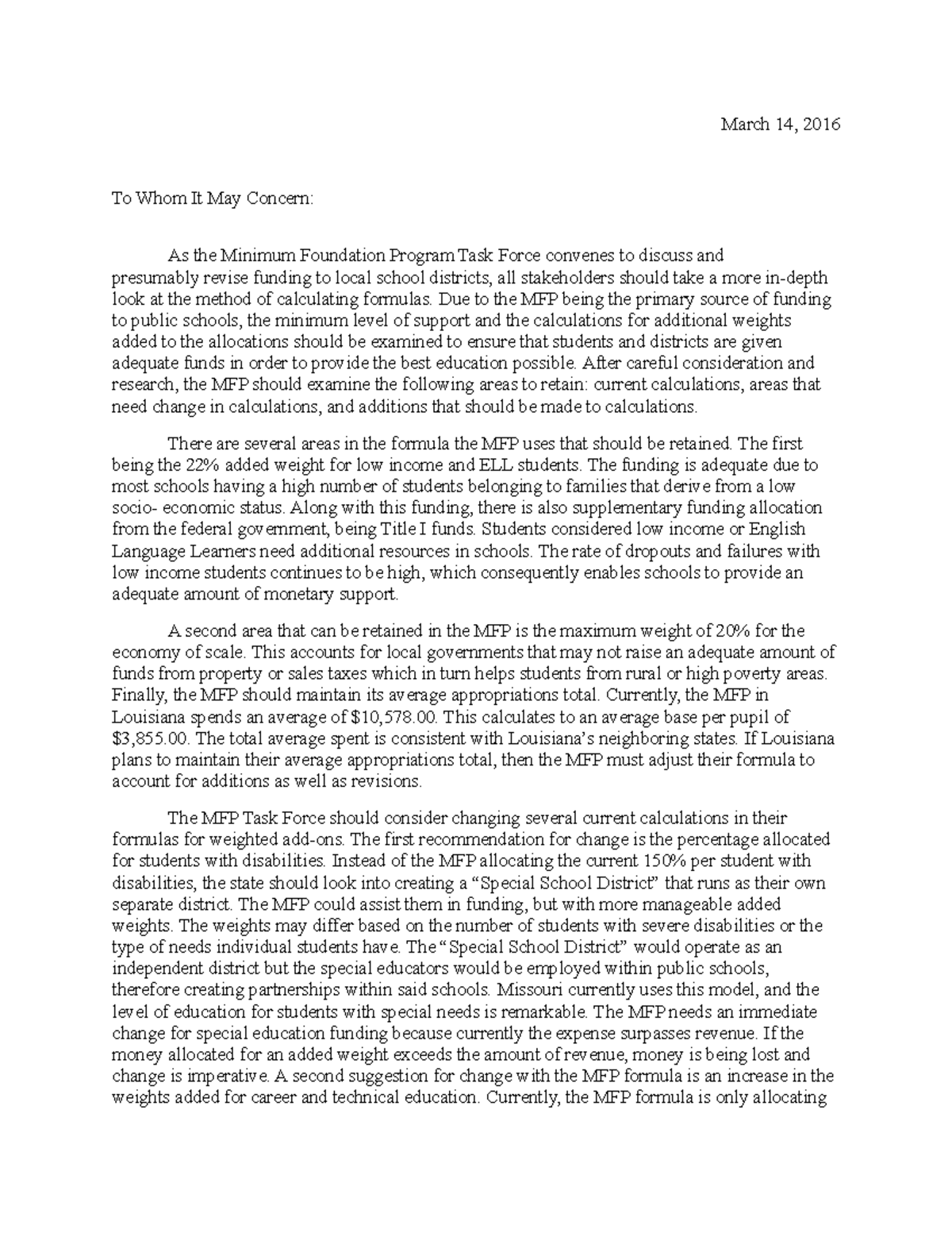 MFP task force letter - March 14, 2016 To Whom It May Concern: As the ...