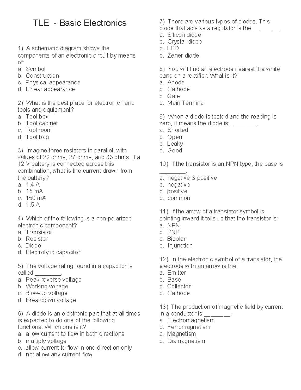 TLE - Basic Electronics - Symbol b. Construction c. Physical appearance ...