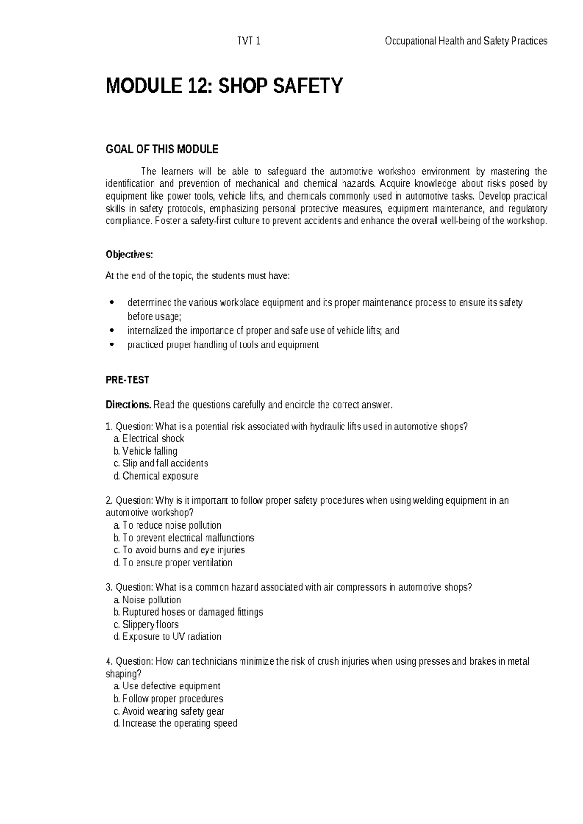 12 - wala - MODULE 12: SHOP SAFETY GOAL OF THIS MODULE The learners ...