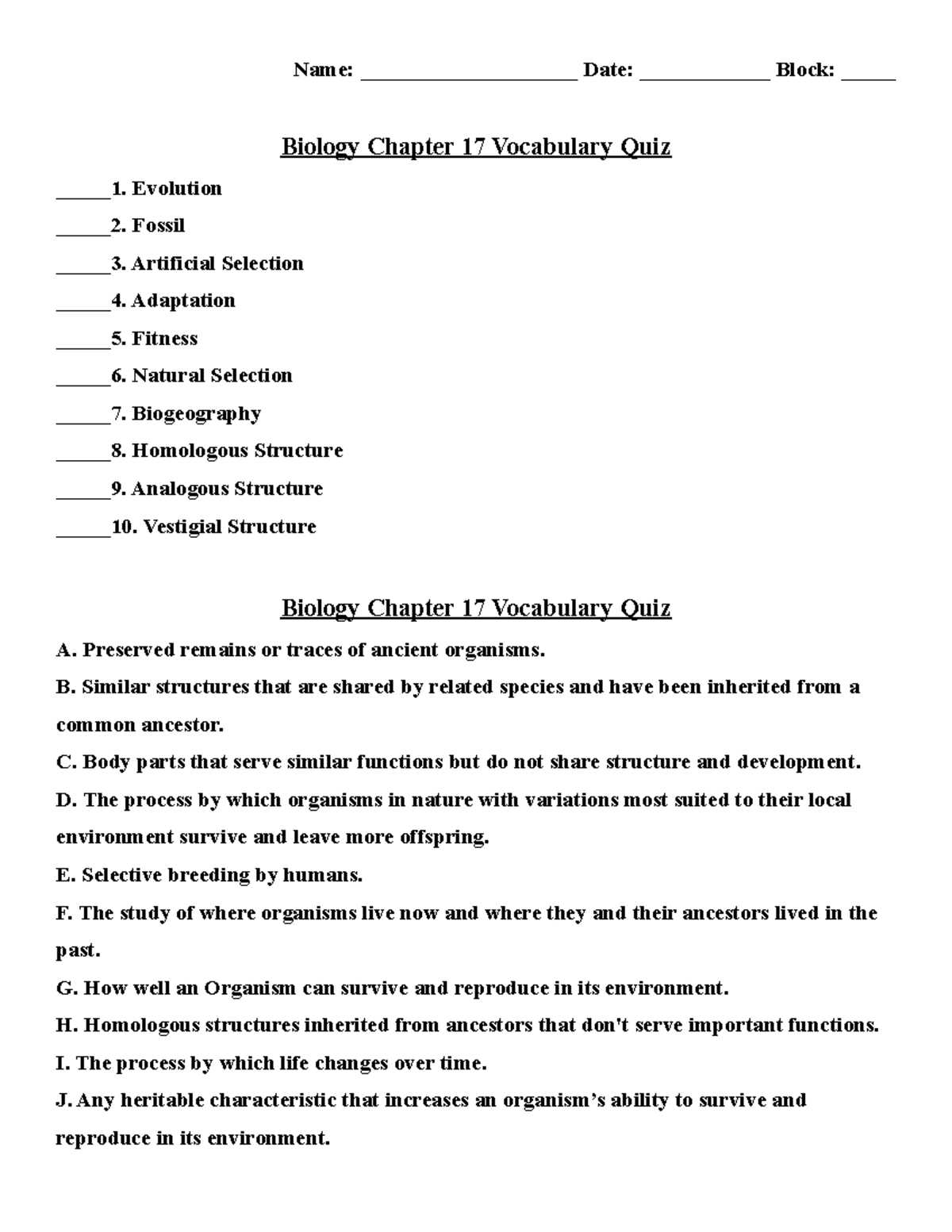 Biology Chapter 17 Vocabulary Quiz - Name: ____________________ Date ...