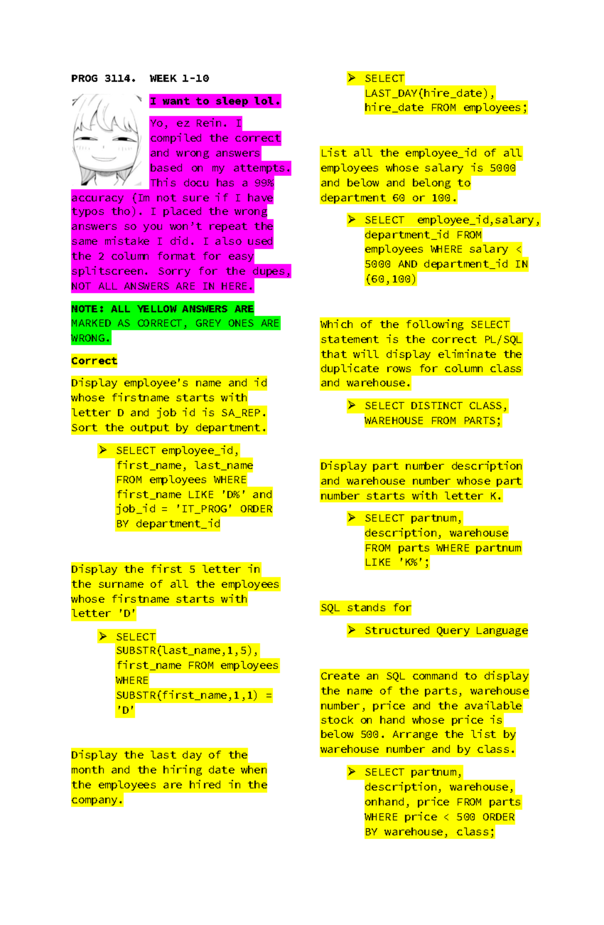 PROG 3114 Week1-10 - PROG 3114. WEEK 1- I want to sleep lol. Yo, ez Rein. I compiled the correct ...