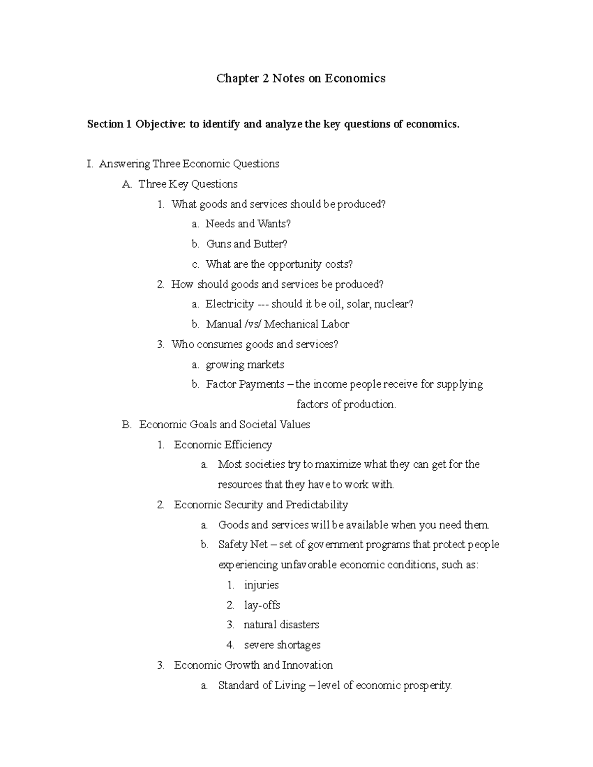Chapter 2 Notes on Economics 1 - Chapter 2 Notes on Economics Section 1 ...