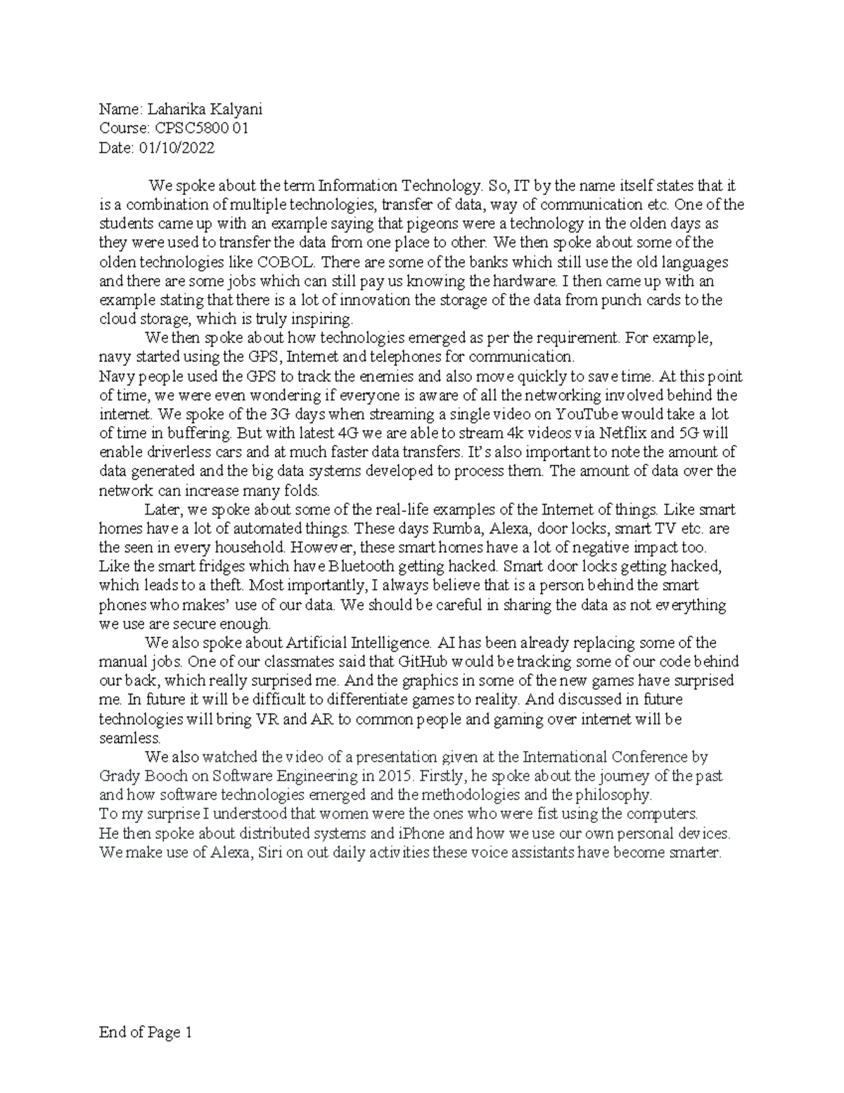Journal 1 - final exam ethics - End of Page 1 Name: Laharika Kalyani ...