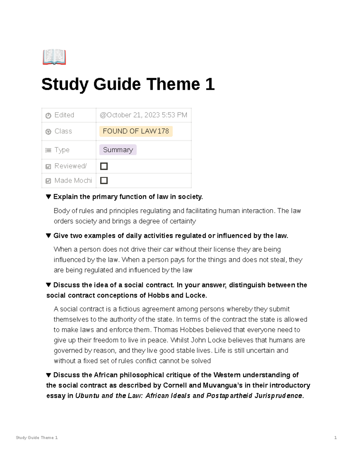 Theme 1 - Summary Foundations of Law - 📖 Study Guide Theme 1 Edited ...