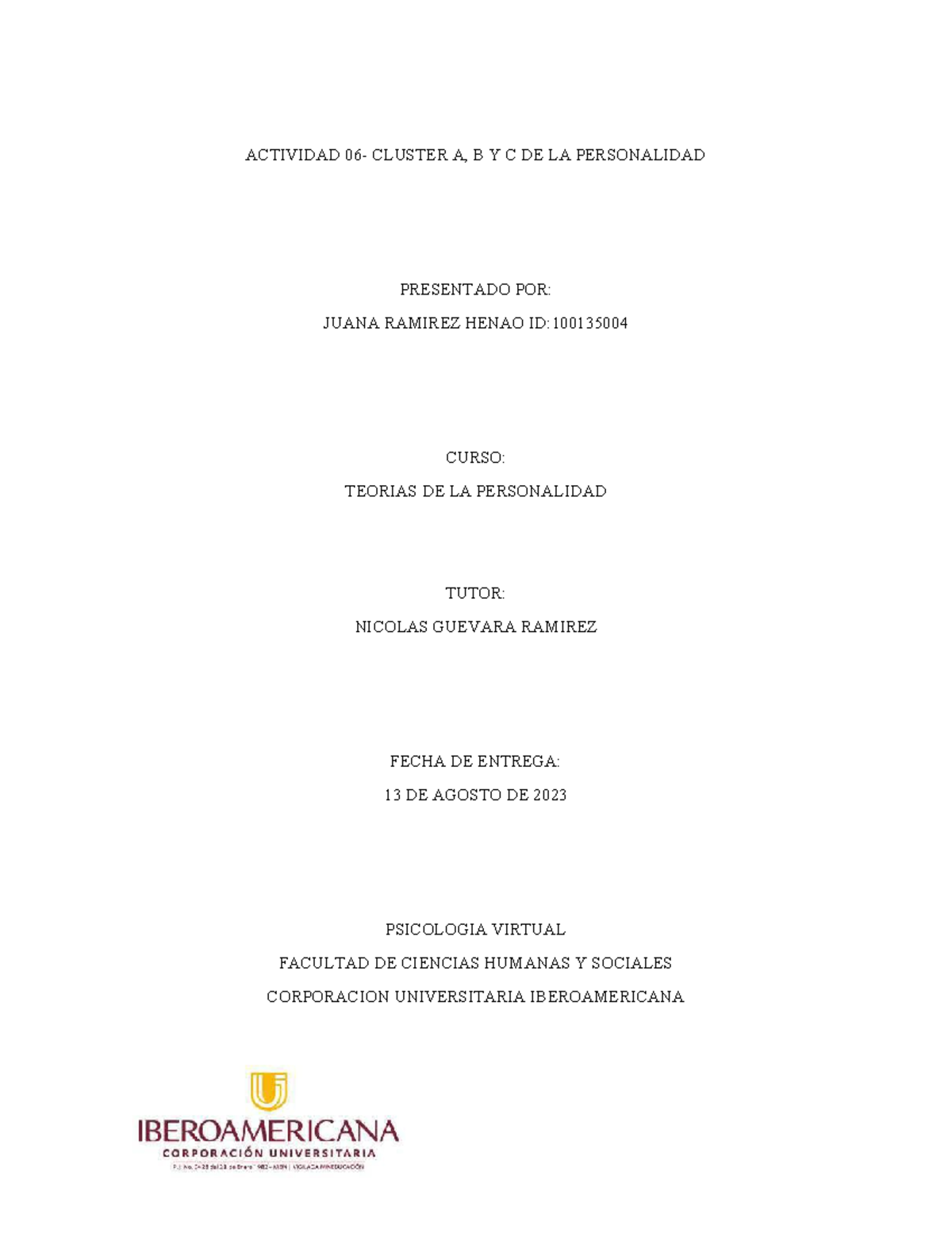Actividad 06 Cluster DE Personalidad - ACTIVIDAD 06- CLUSTER A, B Y C ...