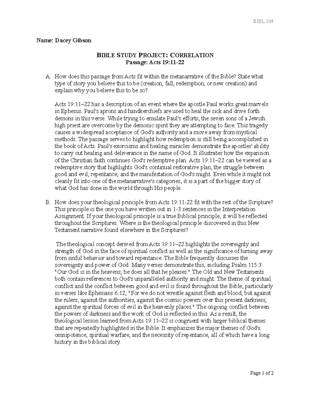 Bible Study Correlation - BIBL 104 Name: Dacey Gibson BIBLE STUDY ...