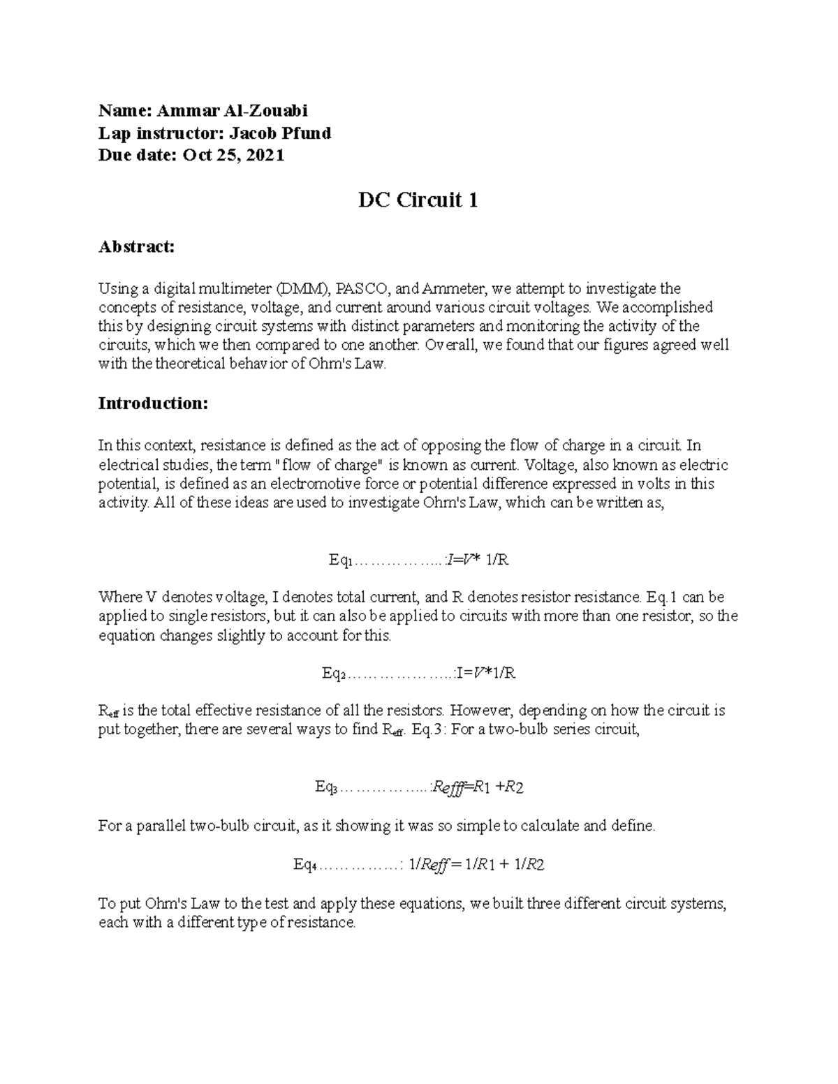 DC Circuit 1 PHY 1202 Q - dc lab - Name: Ammar Al-Zouabi Lap instructor ...