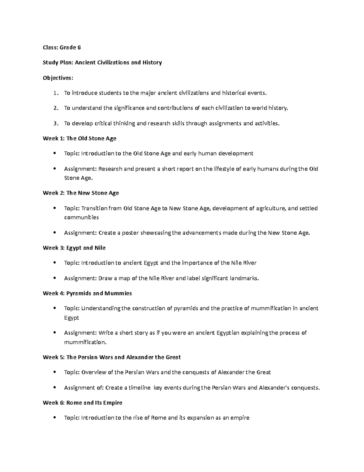 Class - Its a study plan - Class: Grade 6 Study Plan: Ancient ...