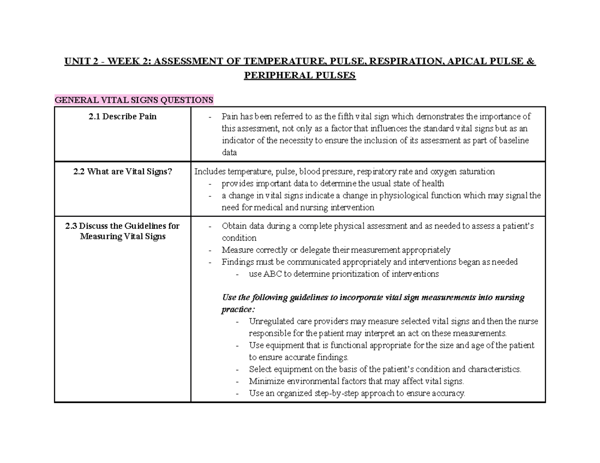 WEEK 2 - Assessment OF Temperature, Pulse, Respiration, Apical Pulse ...