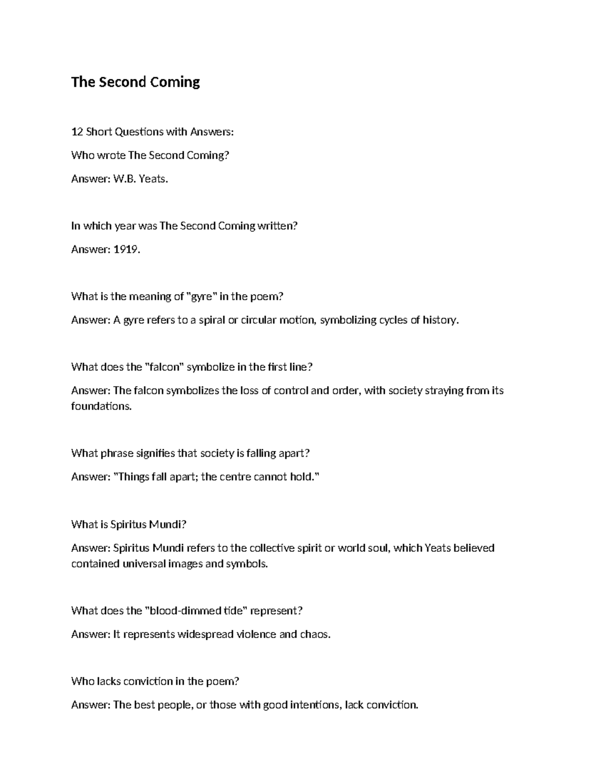 The Second Coming Notes - The Second Coming 12 Short Questions with ...