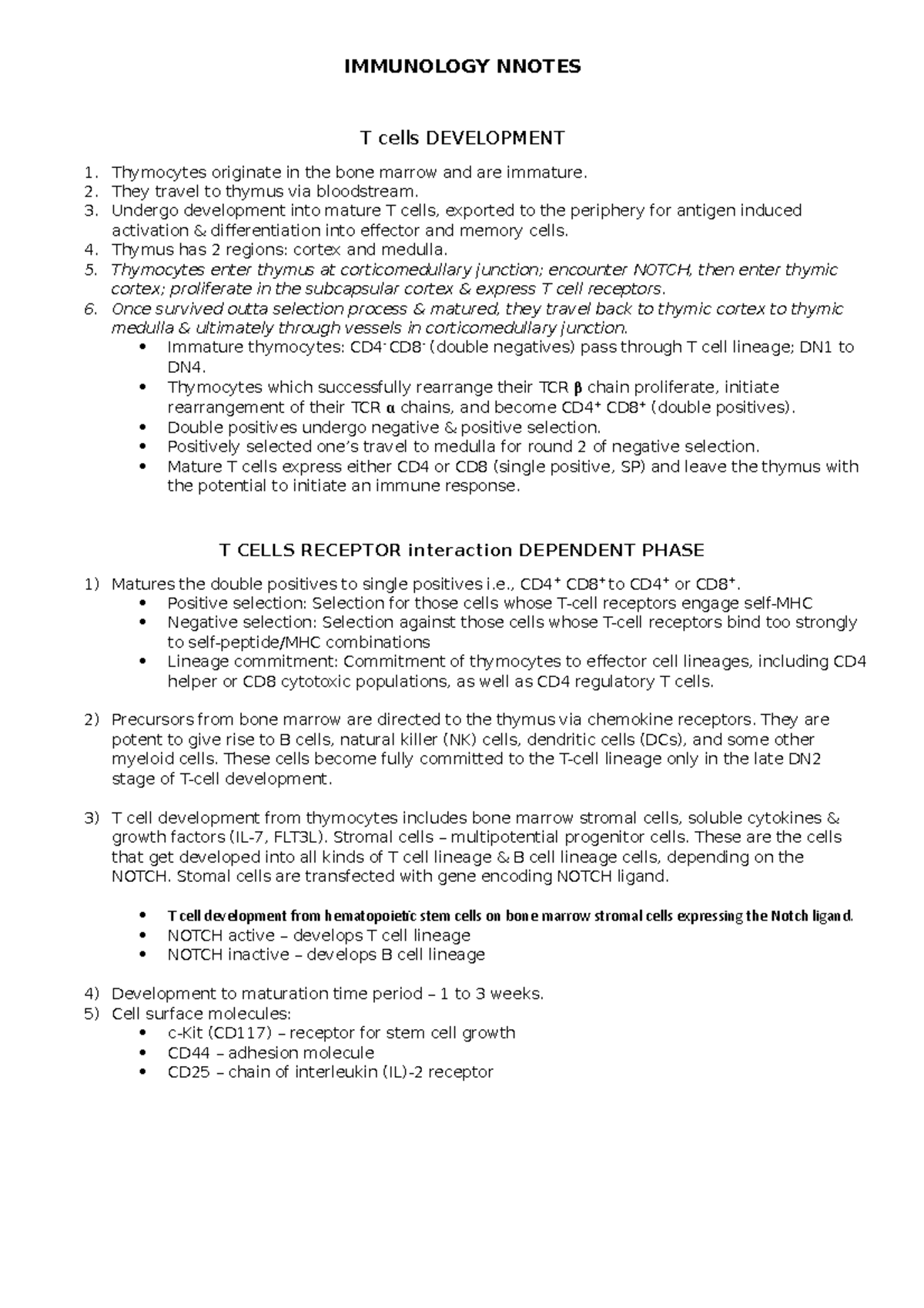 Immunology notes - Immune system summarised - IMMUNOLOGY NNOTES T cells ...