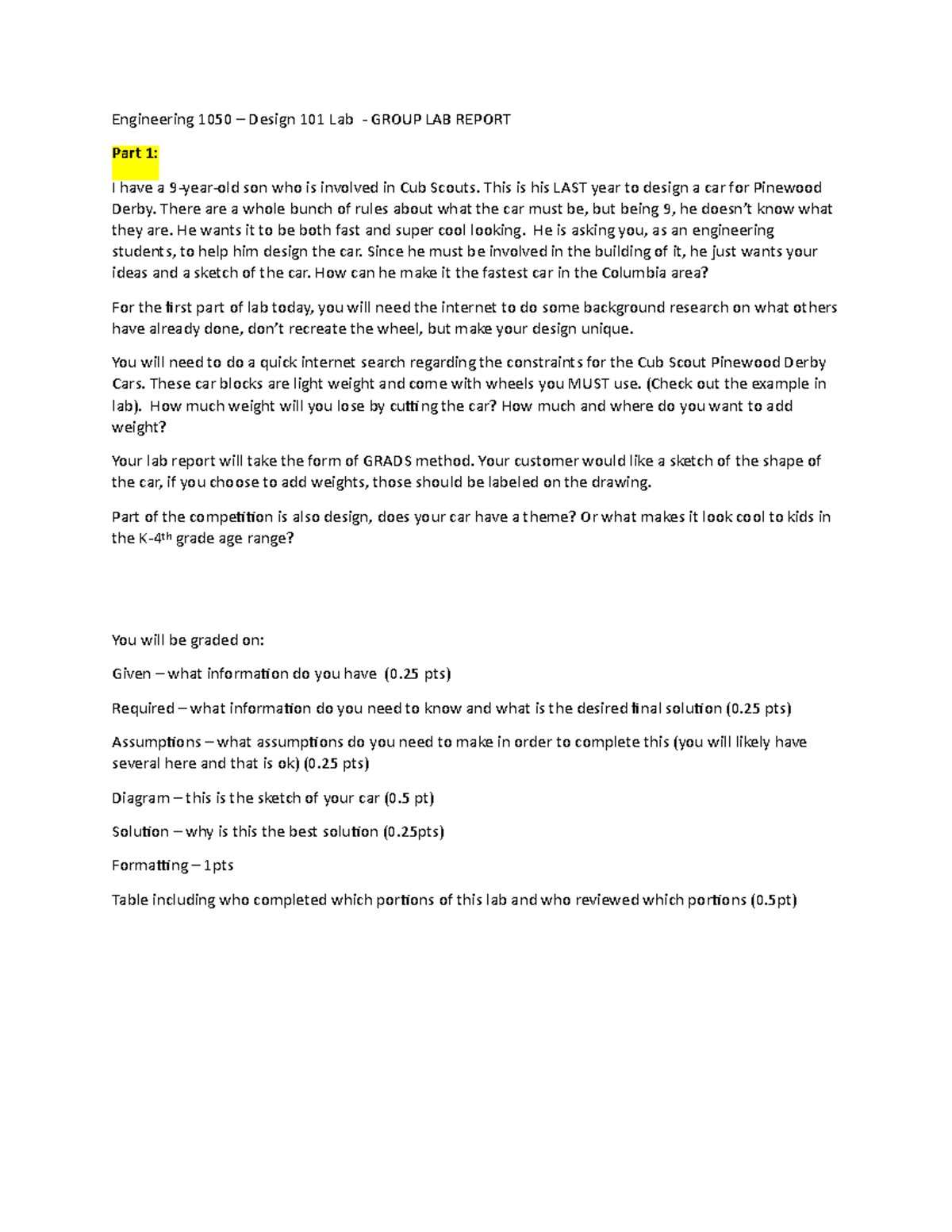 Design 101 lab - Engineering 1050 – Design 101 Lab - GROUP LAB REPORT ...