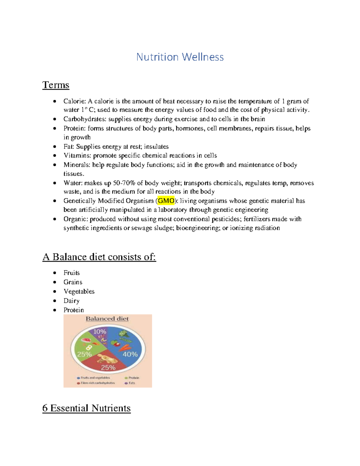 Nutrient Wellness - Lecture notes 5 - Nutrition Wellness Terms Calorie ...