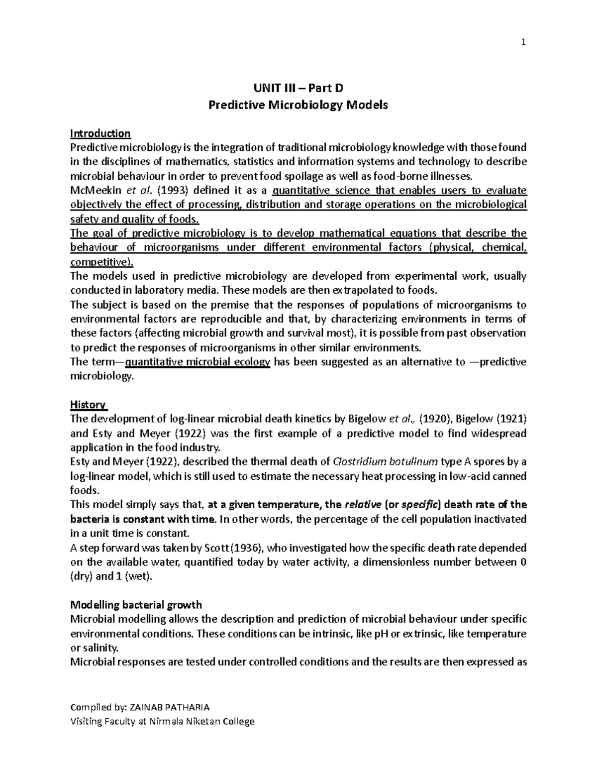 Predictive Microbiology Models - notes - 1 UNIT III – Part D Predictive ...