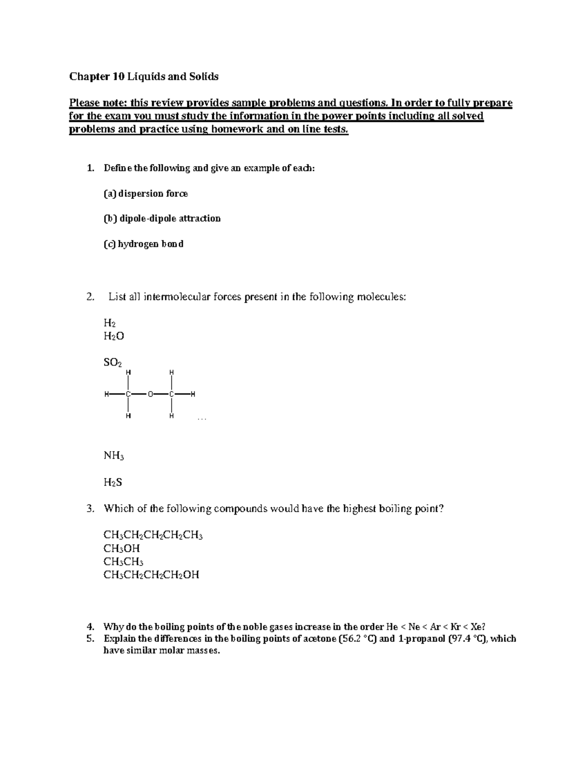 Chapter 10 Review Sheet - Chapter 10 Liquids and Solids Please note ...