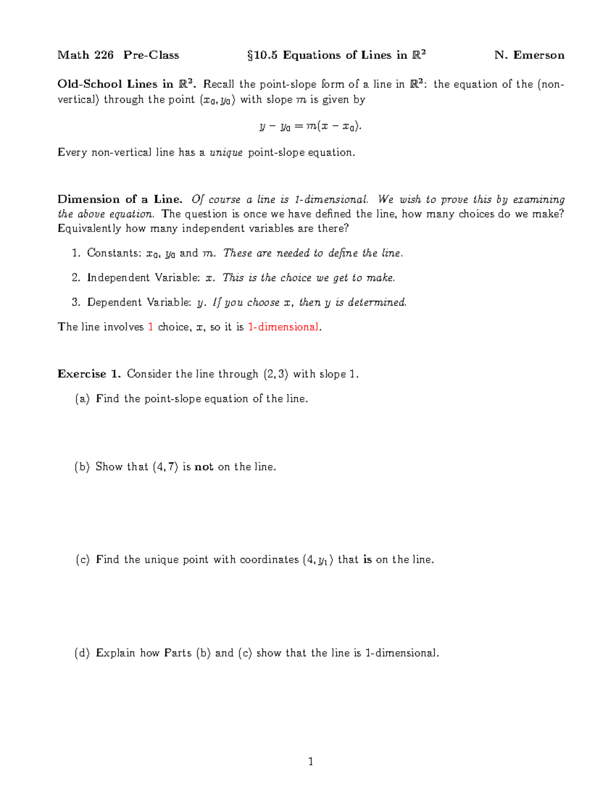 10.5 Equations of Lines in R 2 - Math 226 Pre-Class §10 Equations of ...