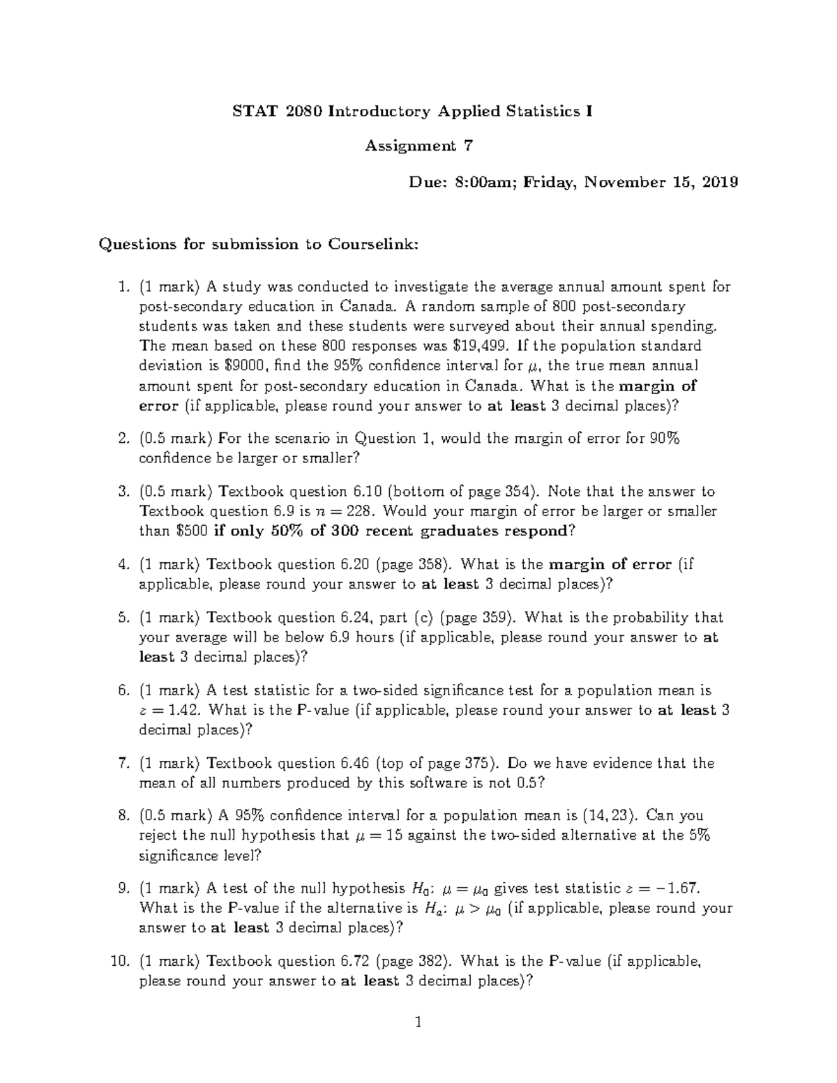 A7 - assignment 7 questions - STAT 2080 Introductory Applied Statistics ...