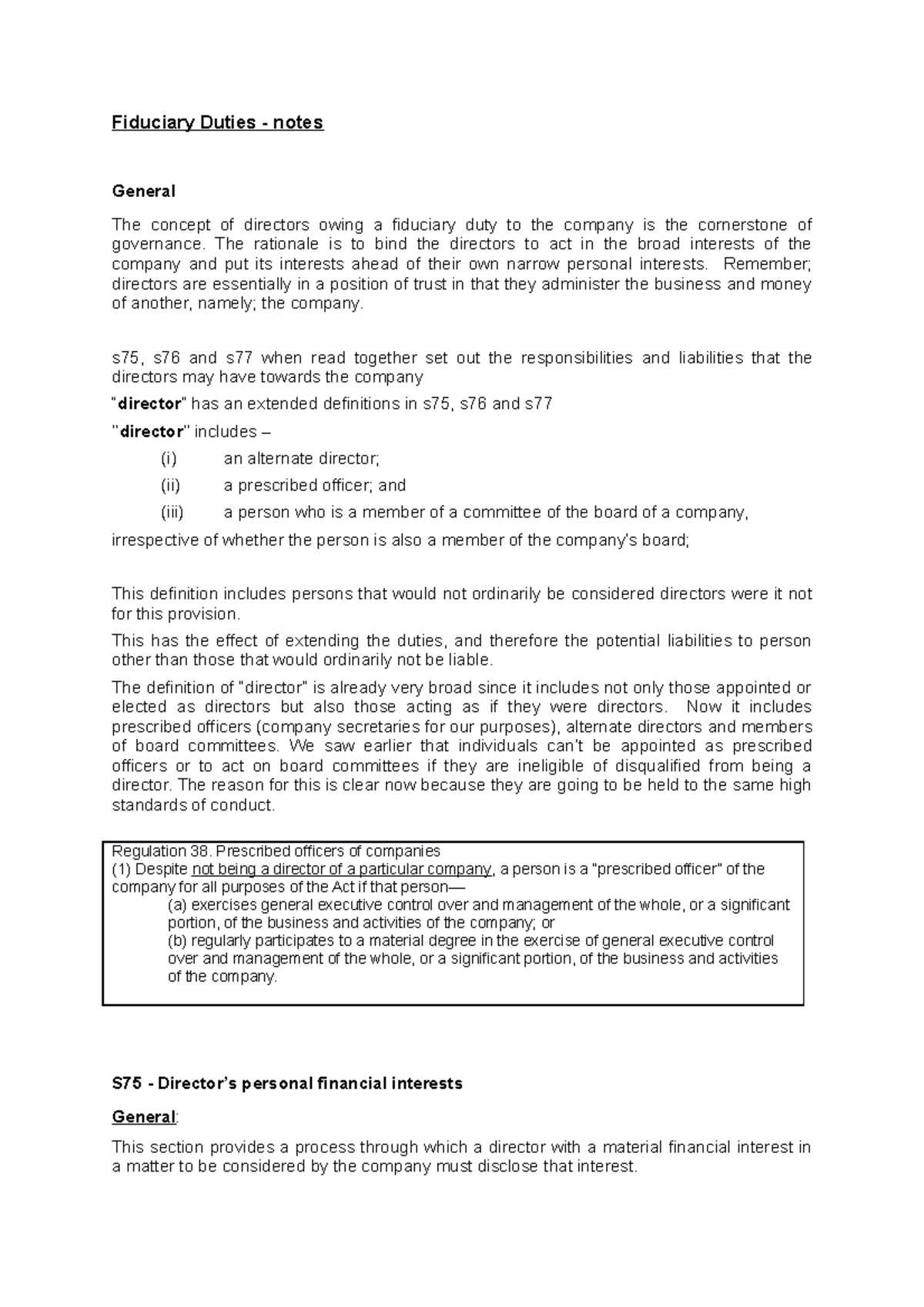 Fiduciary Duties - notes - Fiduciary Duties - notes General The concept ...